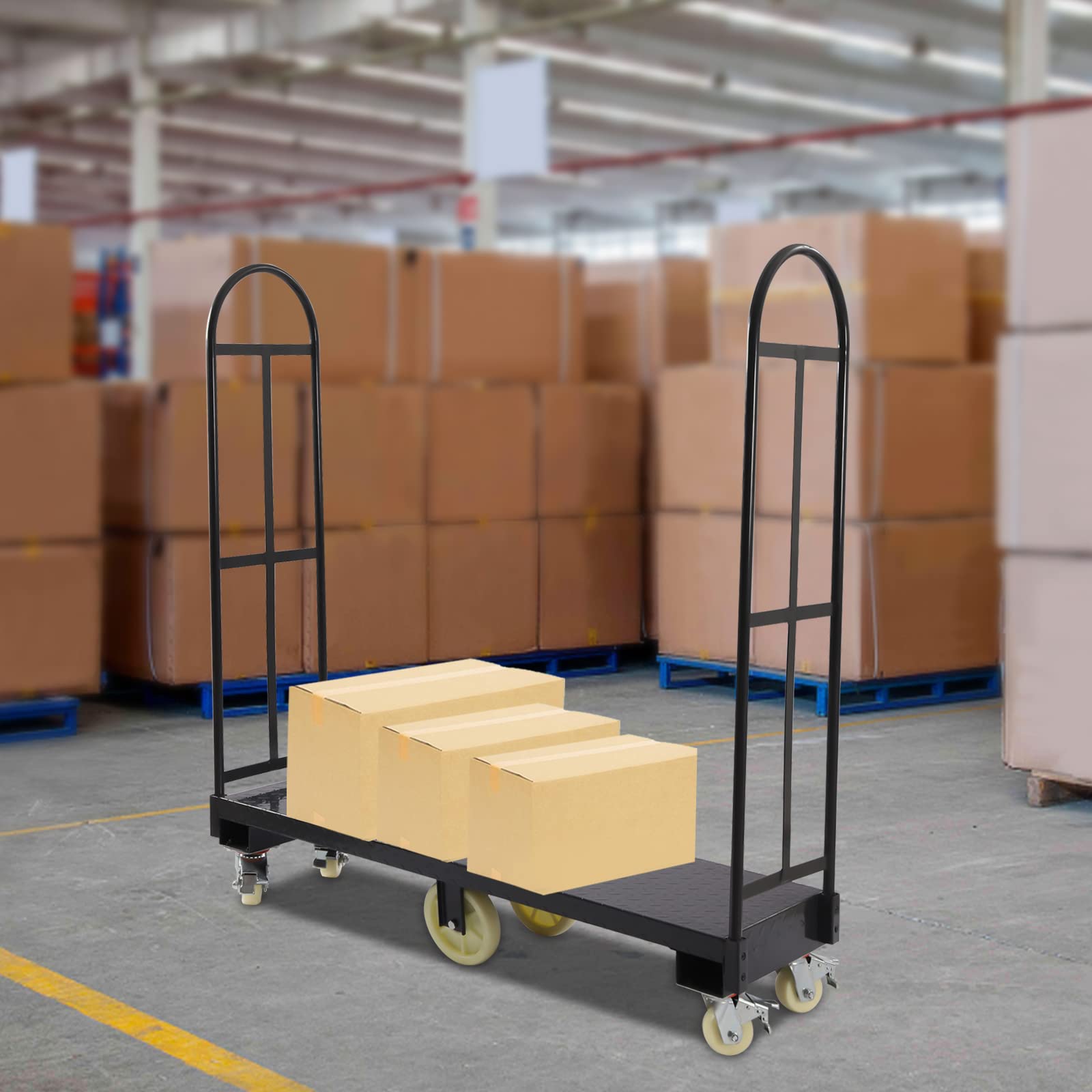 EEYBLAEEY Heavy Duty Flatbed Cart, Push Cart Dolly 2000 lbs, U-Boat Steel Cart Cart Steel with Removable Handles Platform Truck Dolly for Home Garden Warehouse Garage Workshops
