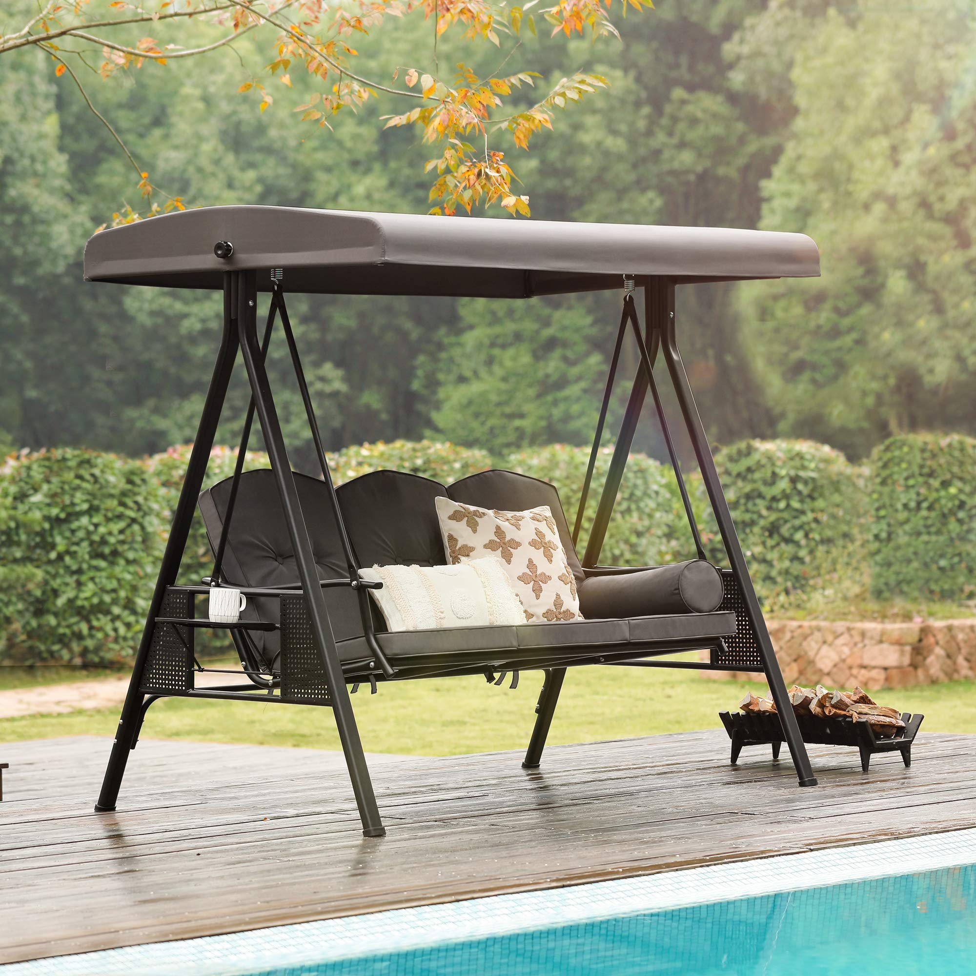 Pamapic 3-Seat Outdoor Patio Swing Chair with Weather Resistant Steel Frame, Adjustable Canopy Removable Cushion and Pillow for Backyard, Garden, Porch, Poolside, Balcony(Gray)