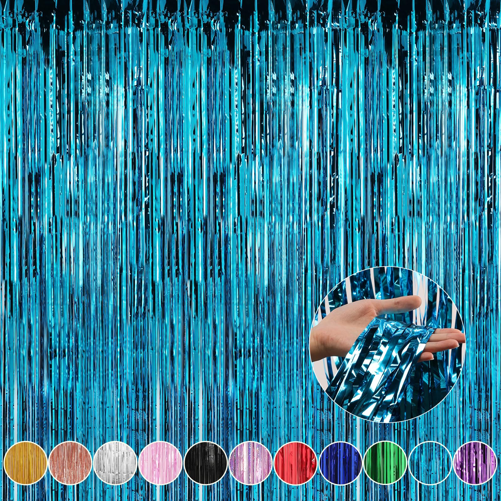 Crosize 4 Pack 3.3 x 8.2 ft Foil Fringe Curtains Party Decorations, Blue Tinsel Curtain Backdrop for Parties, Door Streamers, Glitter Streamer Fringe Backdrop for Birthday Decoration (Blue)
