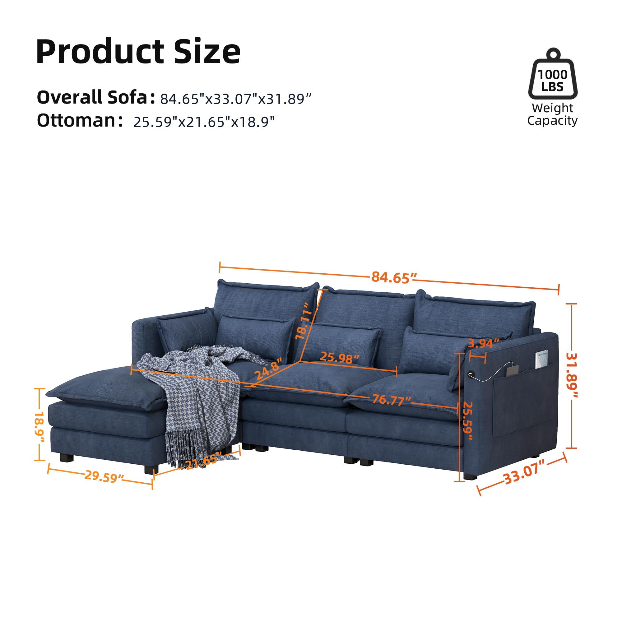 EDWELL Modular Sectional Sofa, Convertible L Shaped Couches Set with USB & Type-C Ports, Modern 3-Seater Comfy Cloud Couch with Moveable Ottoman for Living Room, DIY Combination, Blue