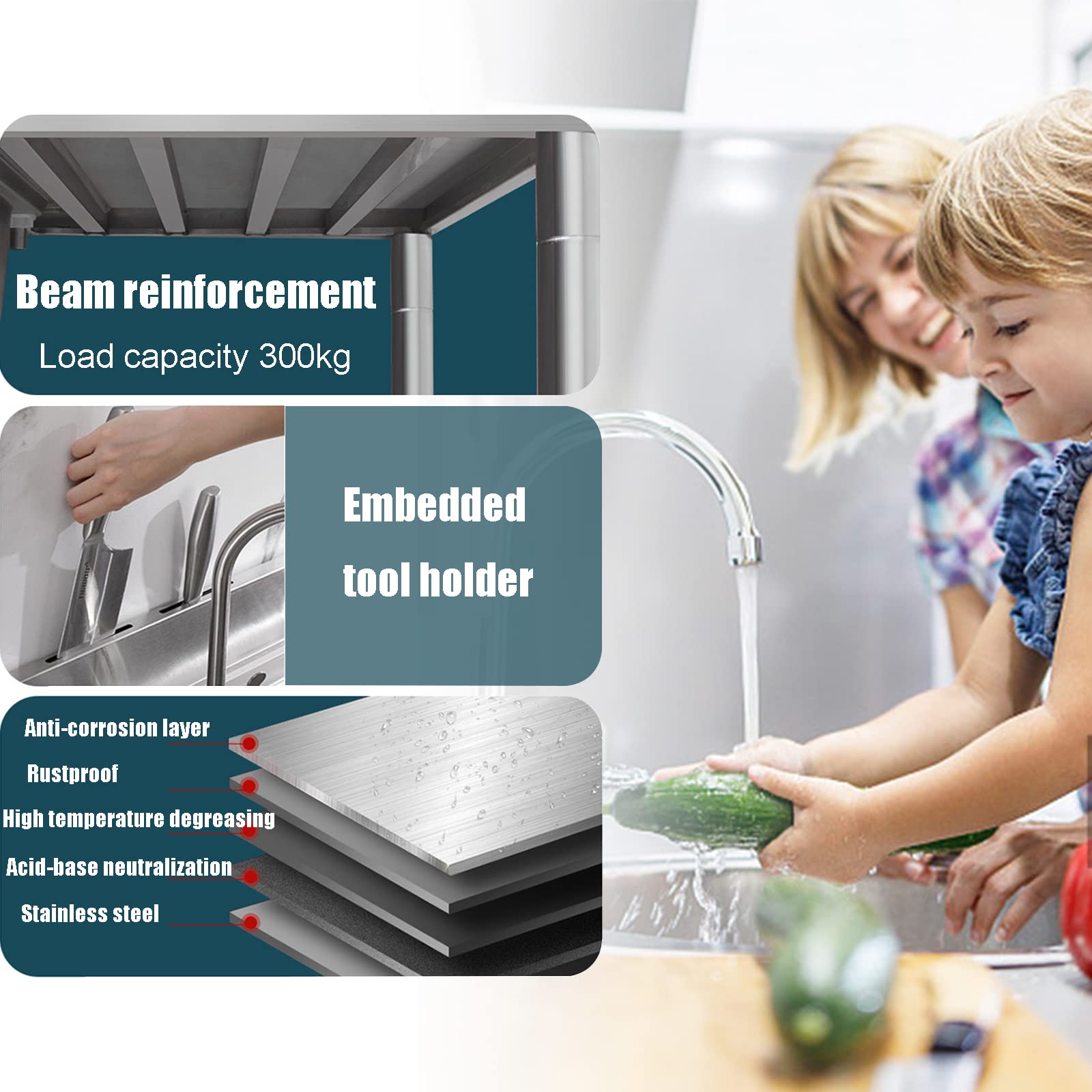 Commercial Restaurant Sink Utility Sink Stainless Steel Free-standing Kitchen Sink Set Single Bowl w/ Faucet & Drainboard for Laundry Garage Camping 120x50x80cm/47.2x19.7x31.5in Left