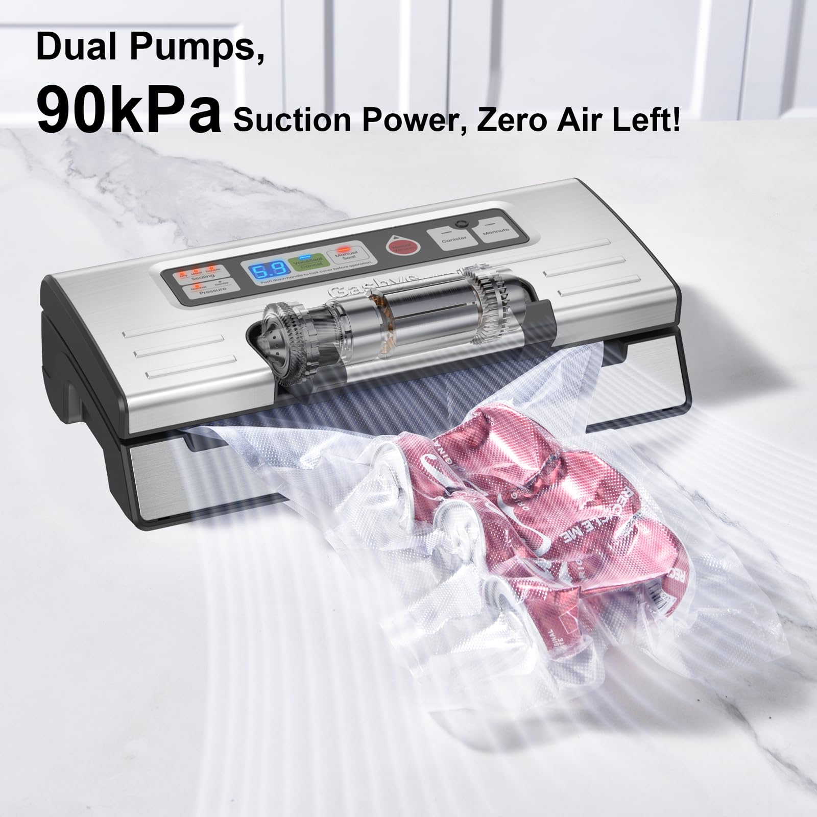 Gasbye Vacuum Sealer Machine, 90kPa Food Sealer with Double Heat Seal for Dry/Moist Food, Easy-lock Handle, Built-in Bag Storage & Cutter, Progress Display, Removable Drip Tray, Silver