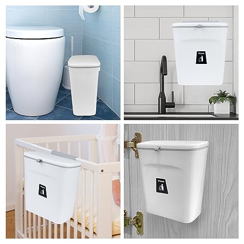 VIGIND 9L/2.4 Gallon Hanging Trash Can for Kitchen Cabinet Door with Lid, Small Under Sink Garbage Can,Trash Bin for Bathroom, Wall Mounted Counter Waste Compost Bin, Plastic  (White)