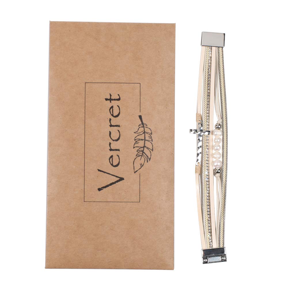 Vercret Leather Wrap Bracelet for Women - Multi-Layer Bracelets with Pearl Cross Beige Magnetic Clasp Bangle Cuff Stacked Bracelet for lady and Mother
