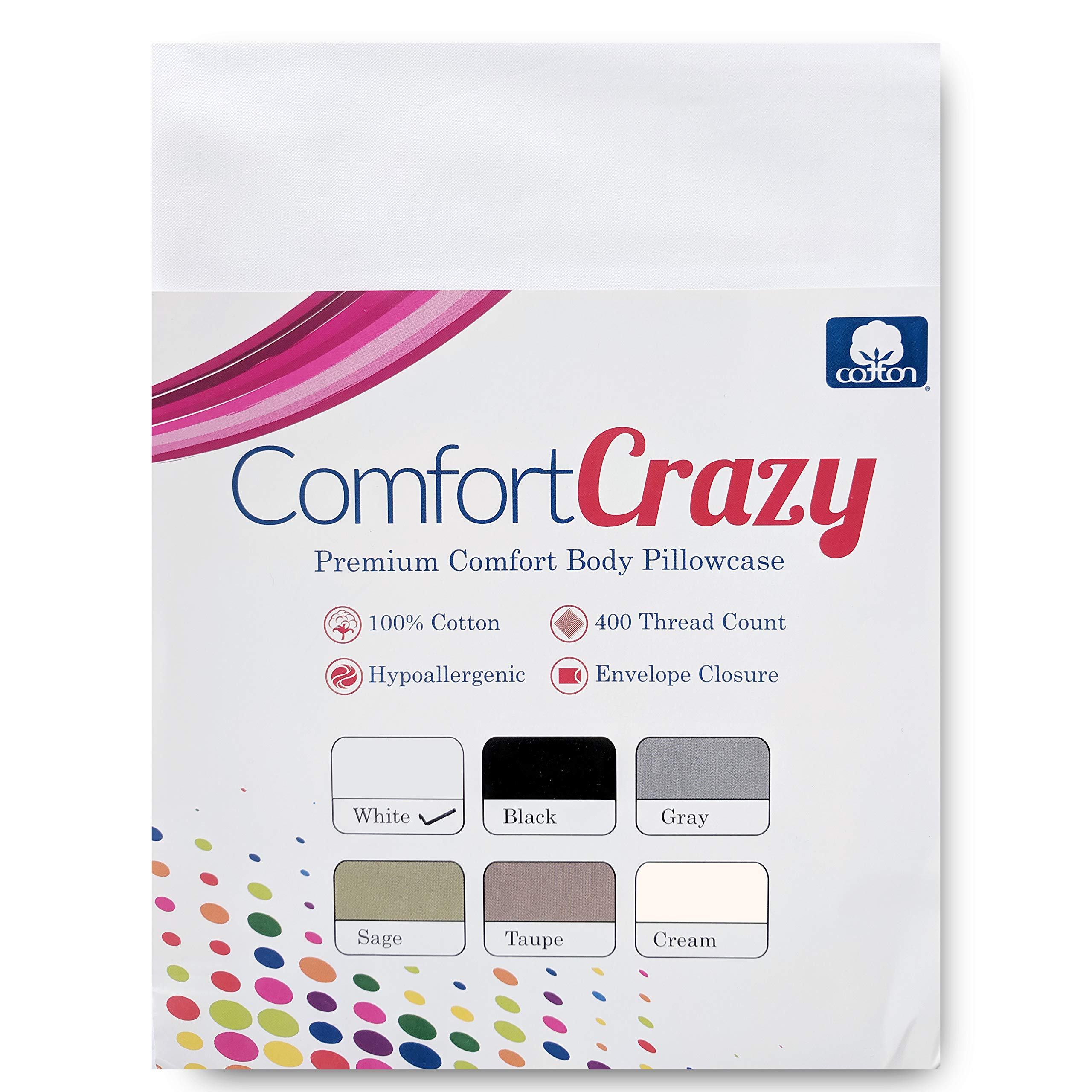 Comfort Crazy Body Pillow Case, 100% Cotton, 400 Thread Count Cover for 20x54 Body Pillow, White