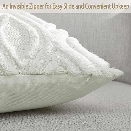 Volcanics Decorative Throw Pillow Covers 18x18 Inch, Faux Wool Plush Couch Cushion Cases Soft Fluffy Boho Pillowcases, Set of 2, Cream Beige