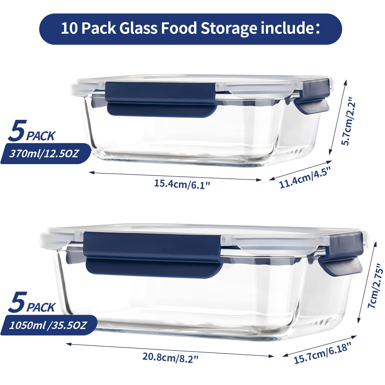 coccot Glass Food Storage Containers with Lids Airtight, [10 Pack] Glass Meal Prep Containers, Glass Storage Container Set with Bpa-free Lid for Food, Glass Lunch Bento Box