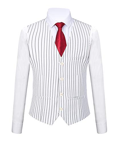 Mens 3 Piece Pinstripe Suit Slim Fit Casual Dress Suits Blazer + Vest + Pants US Size 38 (Asian Size 3XL) White