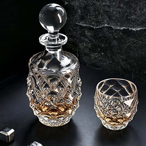 Czech Crystal Glass Whiskey Set 1+6 Elegant Design "Morris" Decanter 25oz./750ml.+Tumblers 11oz./320ml. Heavy Base Old Fashioned Style Bourbon Scotch Brandy Vodka Birthday Wedding Housewarming Gift