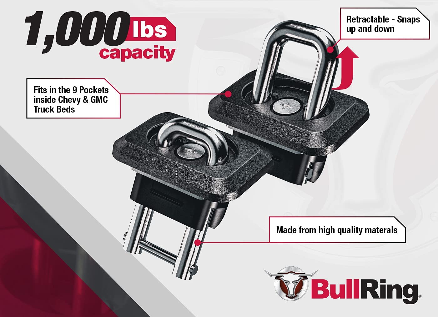 Bull Ring Inner Bed Retractable Truck Bed Tie Down Anchors for 2007+ Chevy Silverado & GMC Sierra, 2015+ Chevy Colorado & GMC Canyon (3 Pairs)