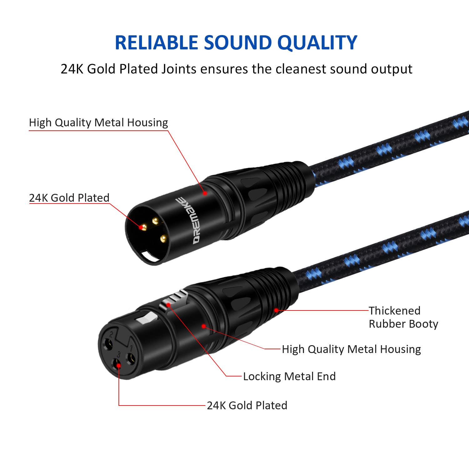 DREMAKE Audio 10FT Mic Microphone Patch Cable Cords - 3-Pin XLR Male to XLR Female Black Blue Tweed XLR Snake Cables - 10'Balanced Mike Amp Cable - 5 Pack