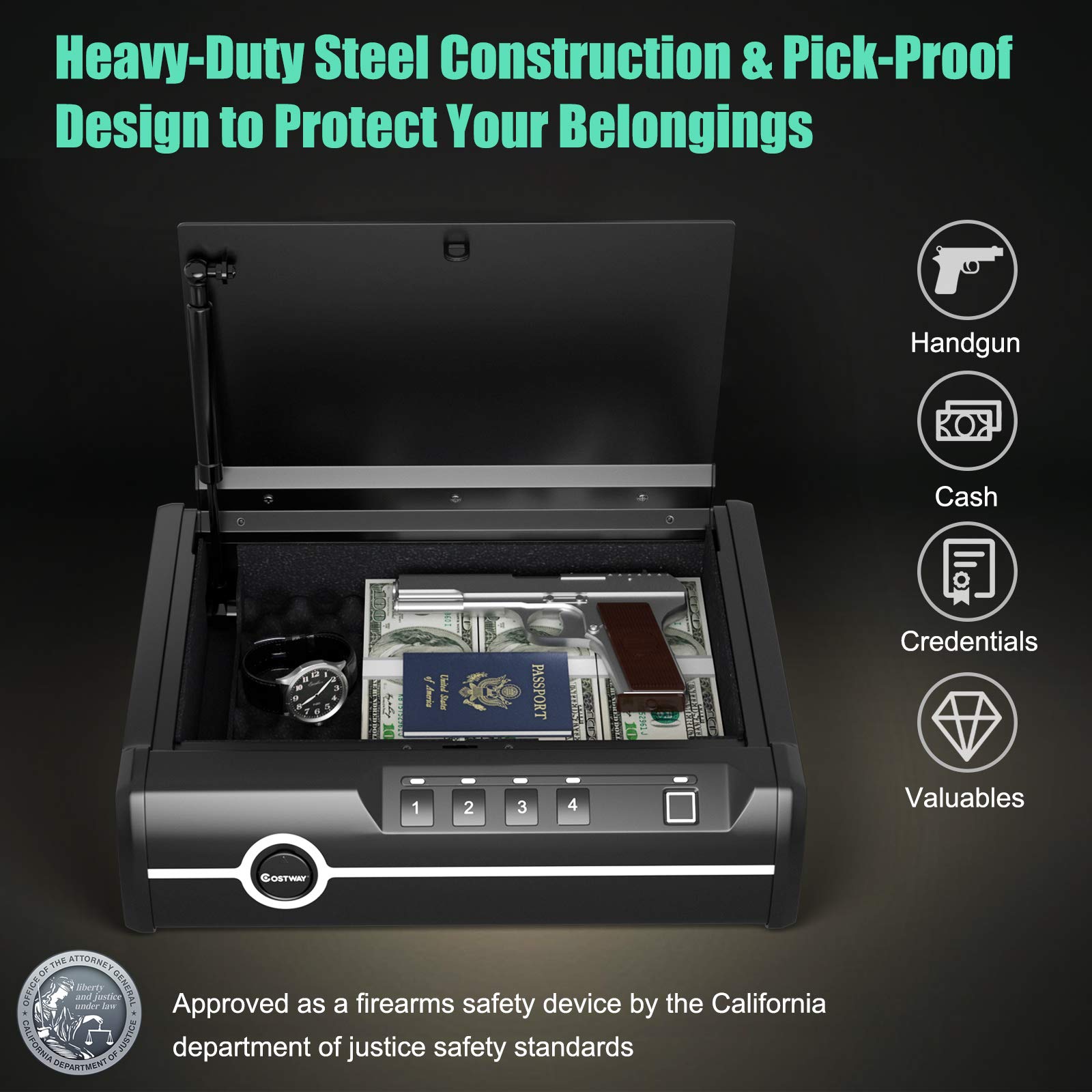 COSTWAY Gun Safe, Quick Access with Biometric Fingerprint Identification & Password & Backup Keys, Heavy-Duty Steel, Pick-Proof Gun safe for 2 Pistols for Home, Auto Open Lid, DOJ Approved