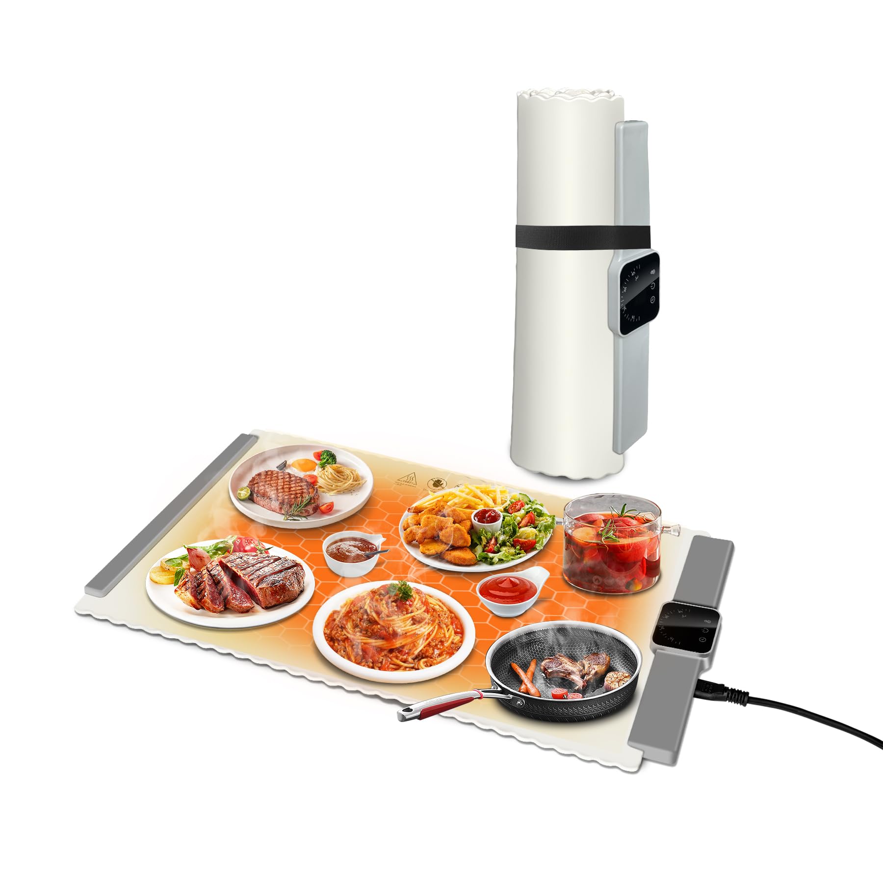 Electric Food Warmer 250W Full Surface Fast Heating Electric Warming Tray with 5 Temperature & 4 Timer Settings, Rolled Up, Premium Silicone Nano-Material for Gathering Parties Travel with UL FCC