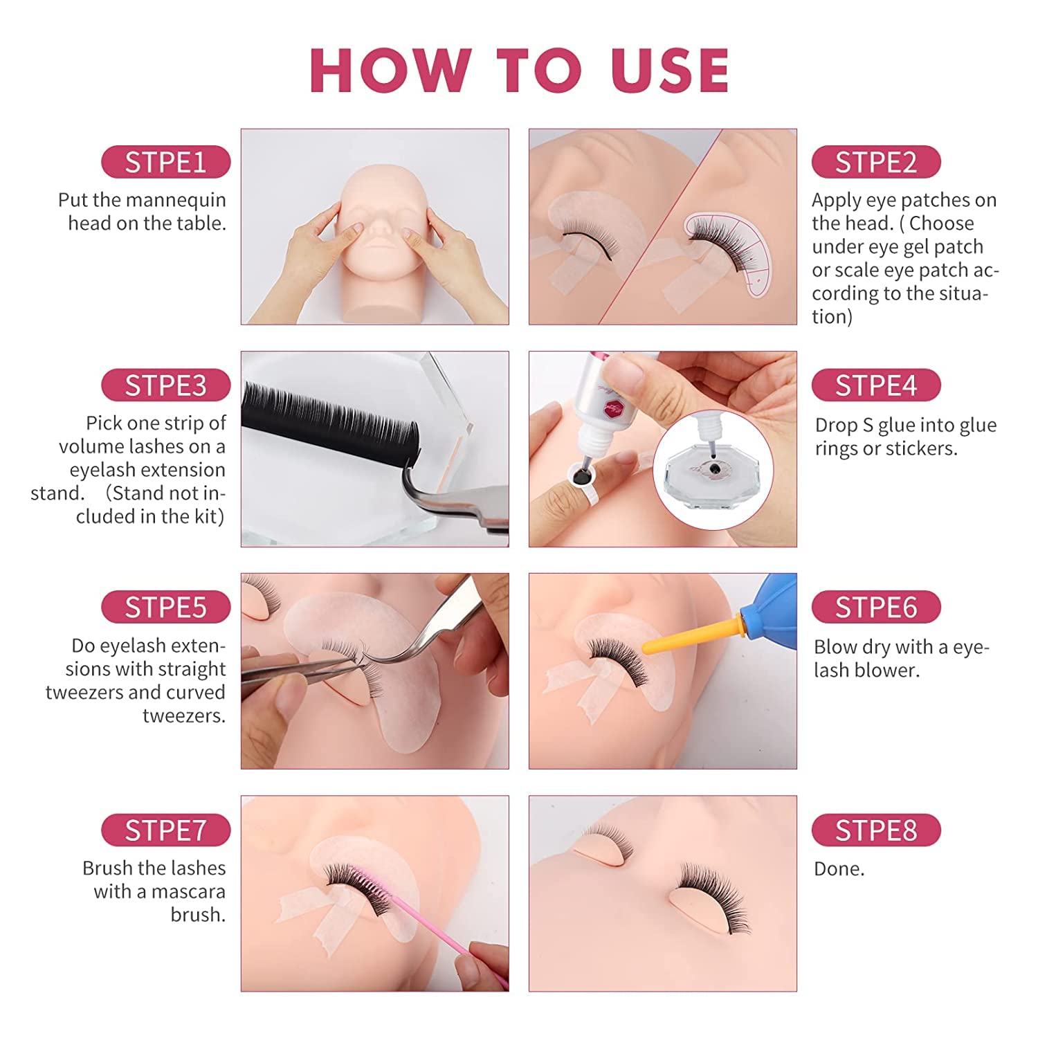 MIILAMOD Eyelash Extension Kit,Training Lash Extension Supplies for Beginners,Lash Mannequin Head With Replaced Eyelids Silicone Training Exercise Set,Eyelash Extension Practice Kit