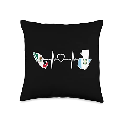 Vintage Mexican Guatemala Flag Gifts Mexican Guatemalan Flag Shirt Guatemala Mexico Heartbeat Throw Pillow, 16x16, Multicolor