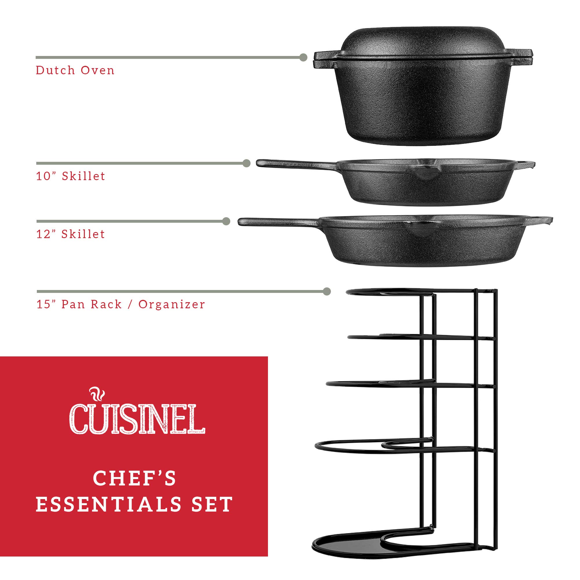 Cuisinel Cast Iron Skillets Set + Glass Lids - 8"+10"+12" Frying Pans + Pan Rack Organizer + Scraper + Silicone Grip Handle Holders - Pre-Seasoned Oven Kitchen Cookware Kit - Grill, Fire, Stovetop Use