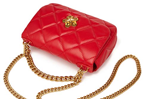 Women Quilted Crossbody Bag Genuine Leather Clutch Purse with Chain Strap Ladies Small Shoulder Handbags - Star Red