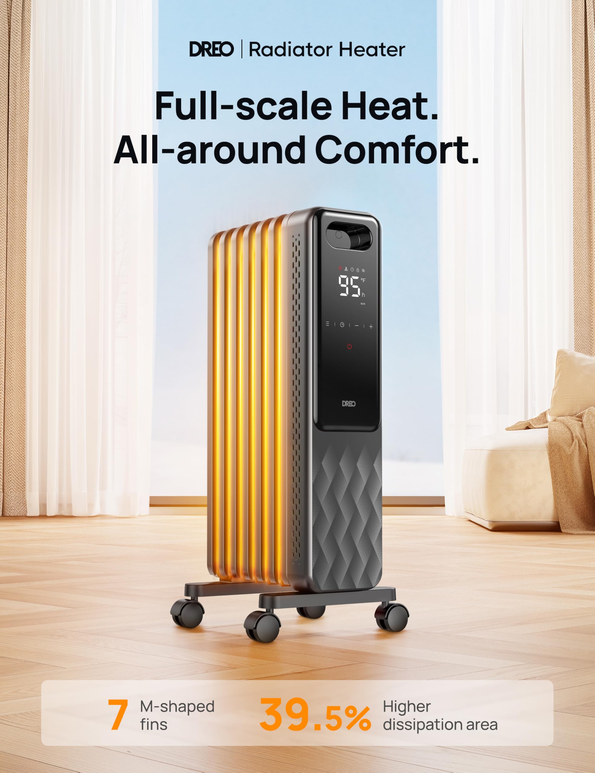 Dreo Oil Filled Radiator, Electric Radiant Heaters for indoor use Large Room with Remote Control, Child Lock, 4 Modes, Overheat & Tip-Over Protection, 24h Timer, Digital Thermostat, Quiet, 1500W