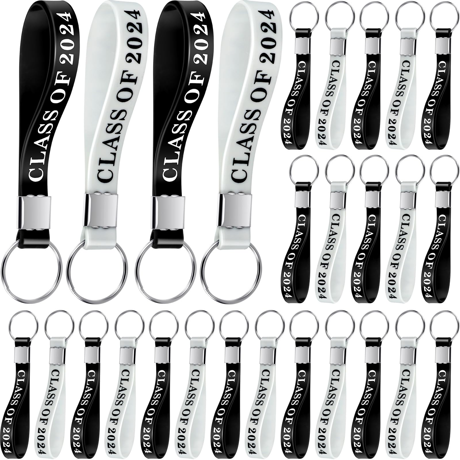 Ecation 50 Pcs Class of 2024 Graduation Keychains Silicone Rubber Keyring Graduation Party Favors Gifts for Student School (White, Black)