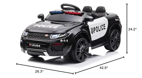 u URideon 12V Ride on Police Car for Kids, Battery Powered Electric Vehicle SUV with Remote Control, Siren, Flashing Light, Music (Black)