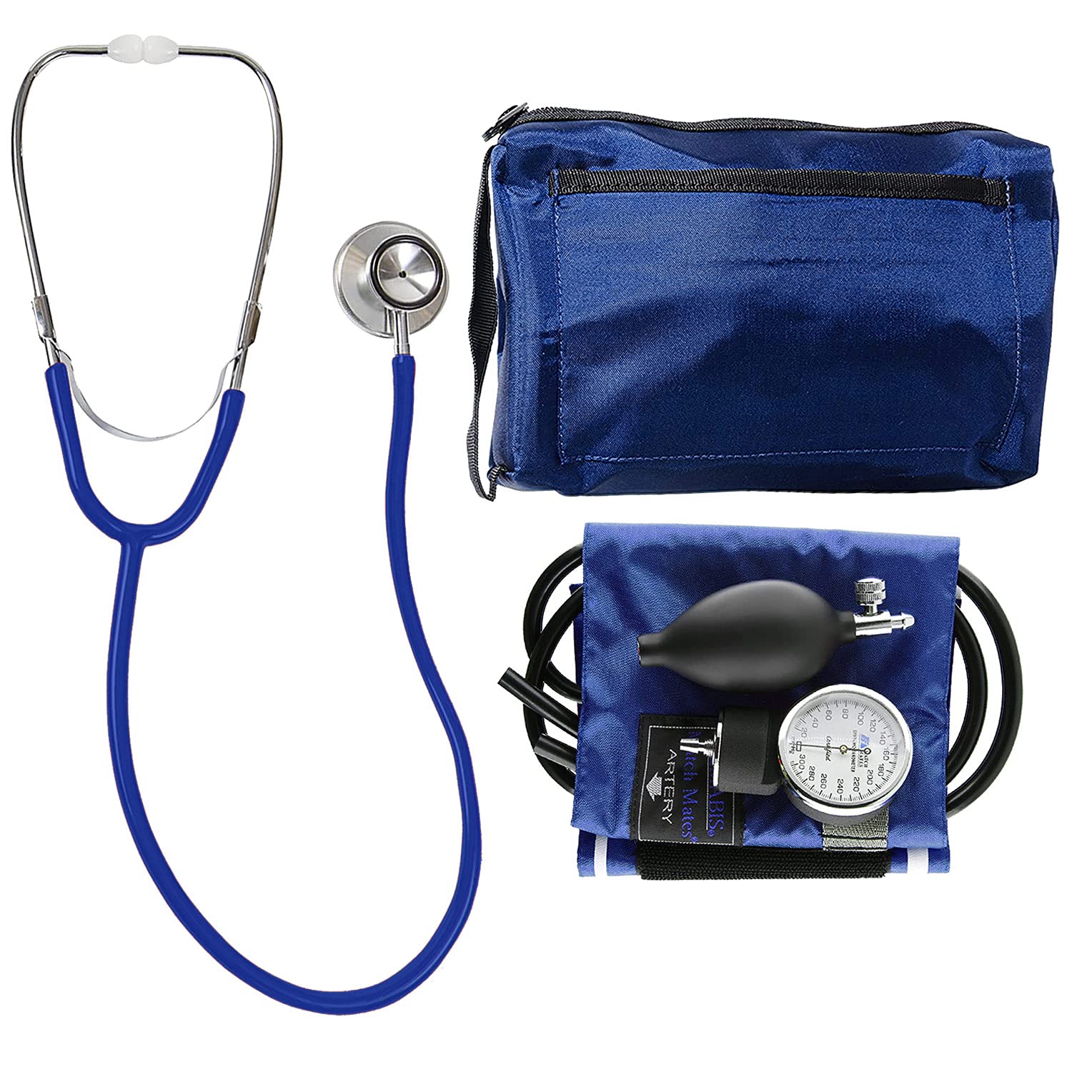 MABIS MatchMates Aneroid Sphygmomanometer and Dual Head Stethoscope Combination Home Blood Pressure Kit with Calibrated Nylon Cuff, Professional Quality, Carrying Case, Royal Blue