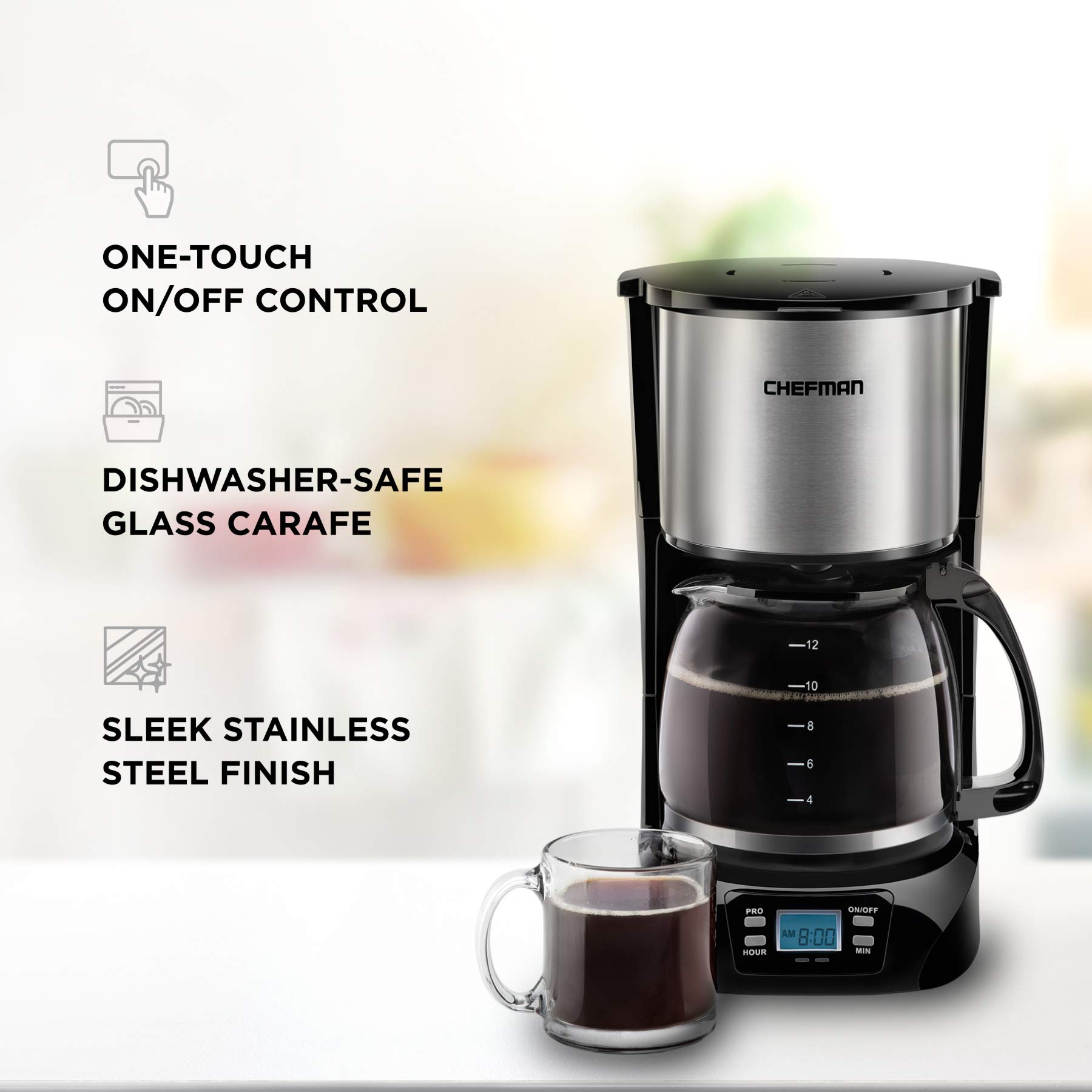 Chefman 12-Cup Programmable Coffee Maker, Electric Brewer, Auto Shut Off, LCD Display With Auto-Brew Function, Anti-Drip Pot, Reusable Filter for Fresh Grounds, Round Stainless Steel, Glass Carafe