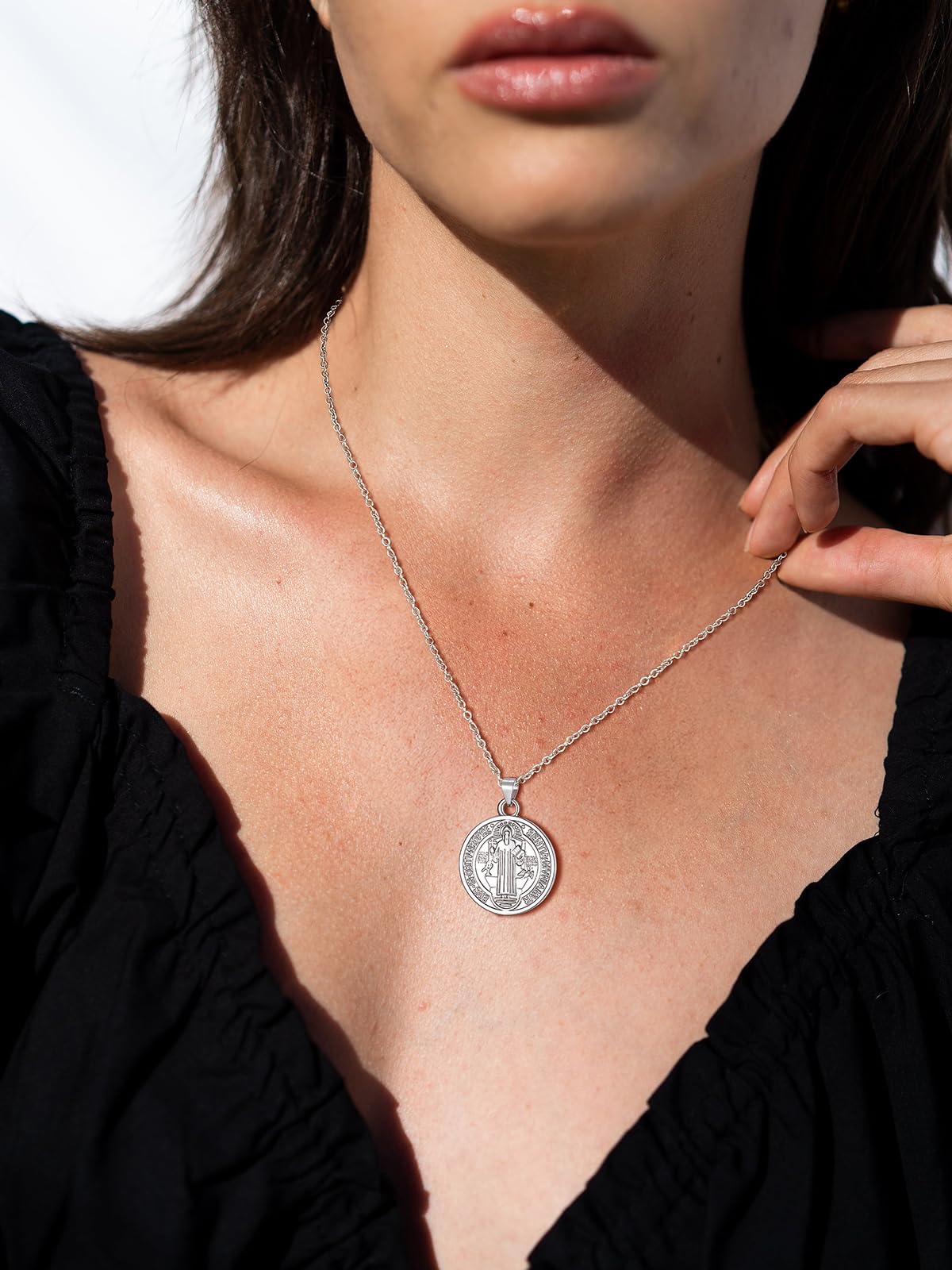 U7 Men Women St Benedict Necklace 925 Sterling Silver Round Medal Protect Saint Nursia Benedict Pendant and Chain 18 Inch