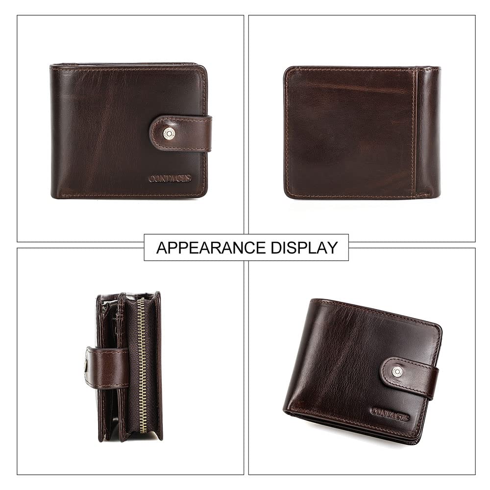 Contacts Mens Bifold Wallet Leather, Minimalist Leather Card Purse for Men Coin Zipper Pocket RFID Blocking Trifold Wallet with ID Window