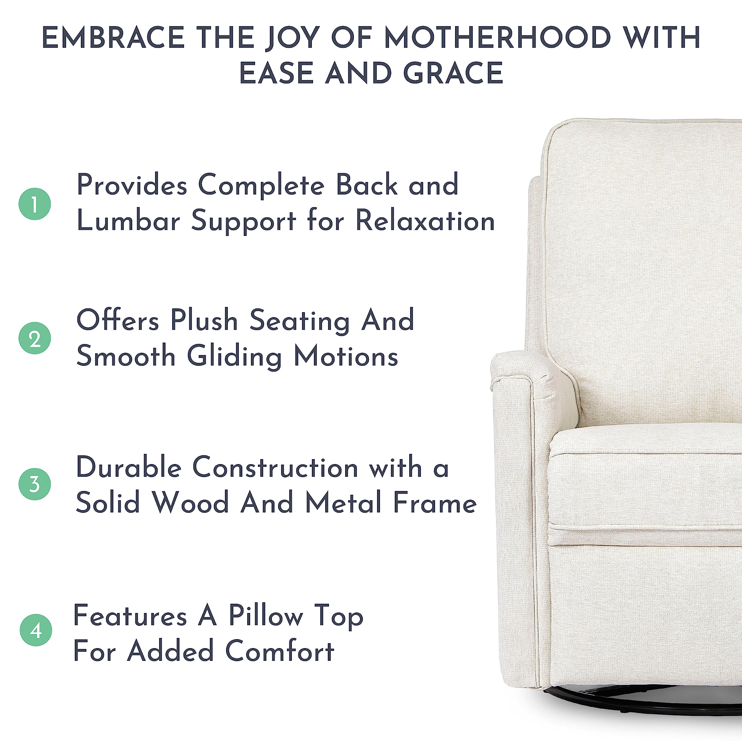 Evolur Beau Upholstered Seating Glider Swivel in Sweet Cream, Greenguard Gold Certified Modern Nursery Recliner with Side Pockets, Tool-Free Assembly, Easy to Clean