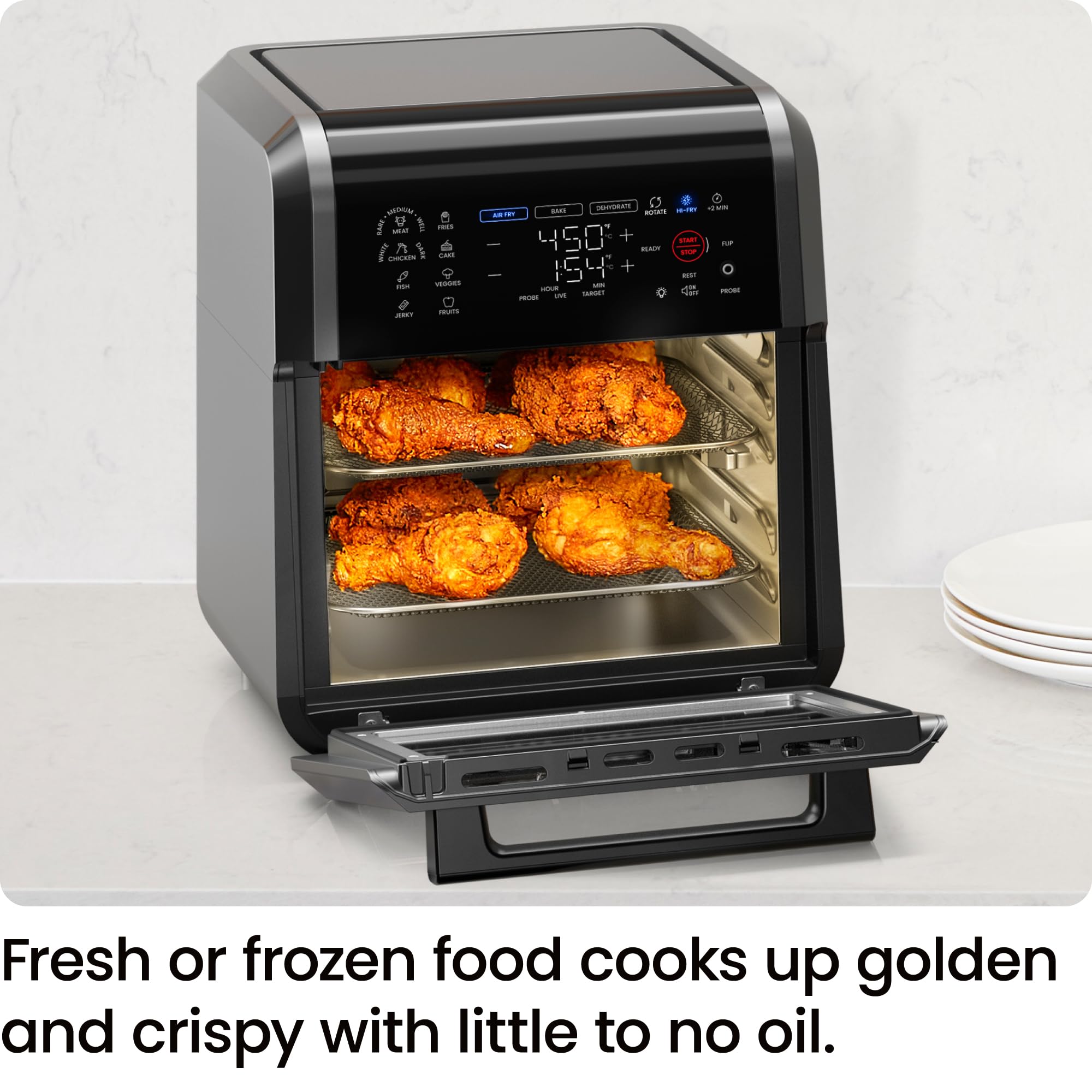CHEFMAN ExacTemp⢠12 Quart 5-in-1 Air Fryer with Integrated Smart Cooking Thermometer, 28 Touchscreen Presets, Rotisserie, Dehydrator, Bake, XL Convection Oven with Auto Shutoff, Black