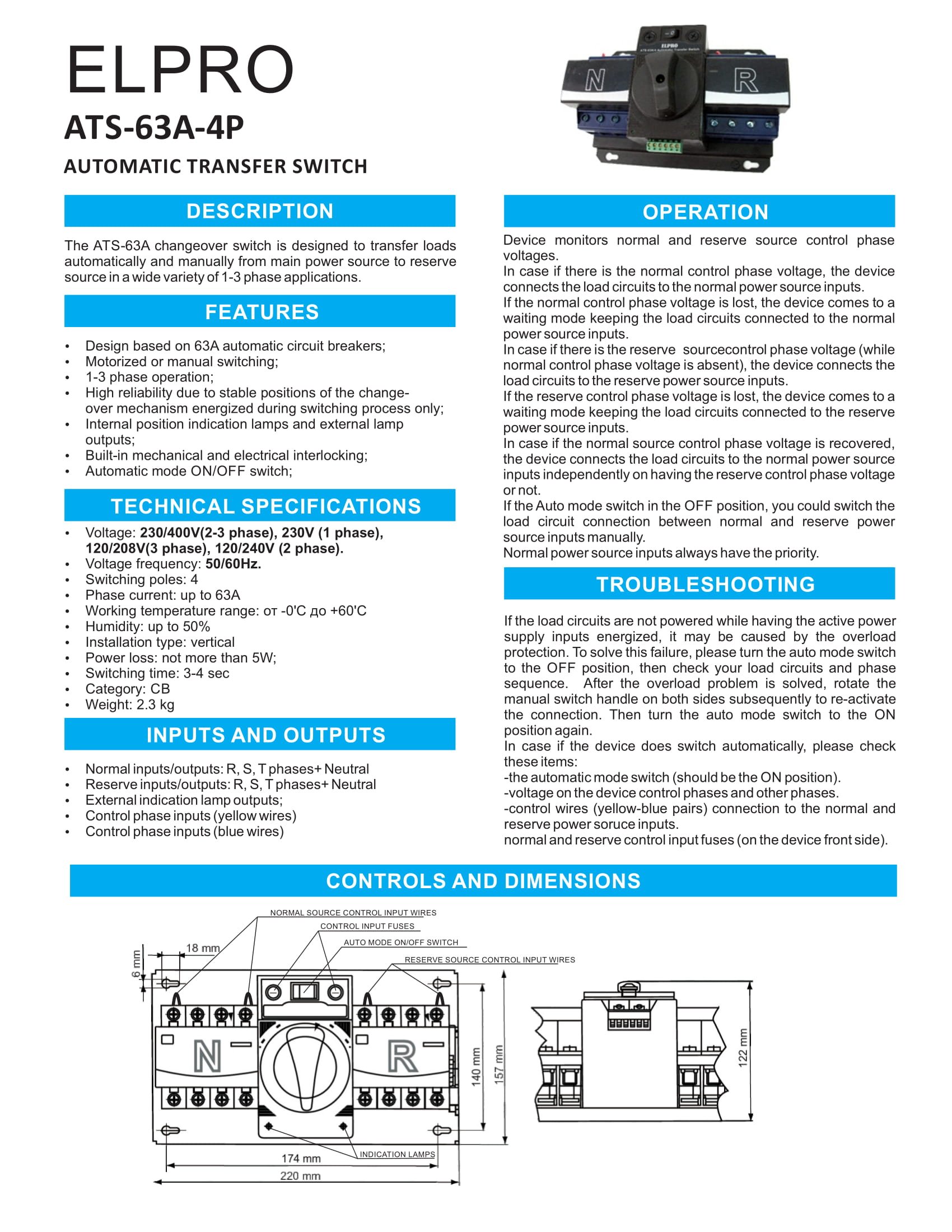 ELPRO ATS-63A, 120/208V 50-60Hz Automatic Transfer Changeover Switch, 2-3 Phase, 4P