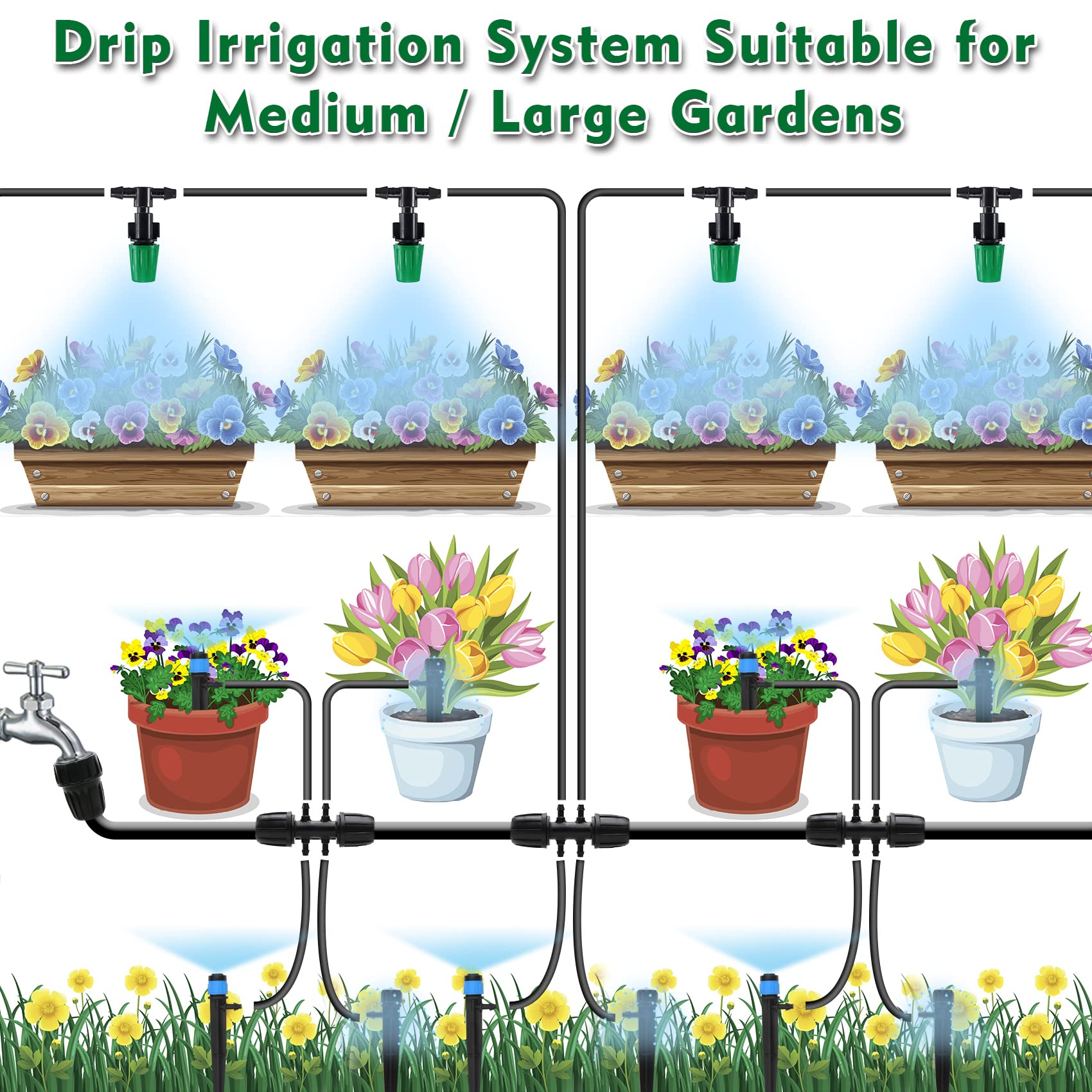 Flantor Drip Irrigation Kit, Irrigation System Garden Watering System with 26ft 1/2 inch and 200ft 1/4 inch Blank Distribution Tubing, Automatic Drip Irrigation with 6-Way Connector and Adjustable