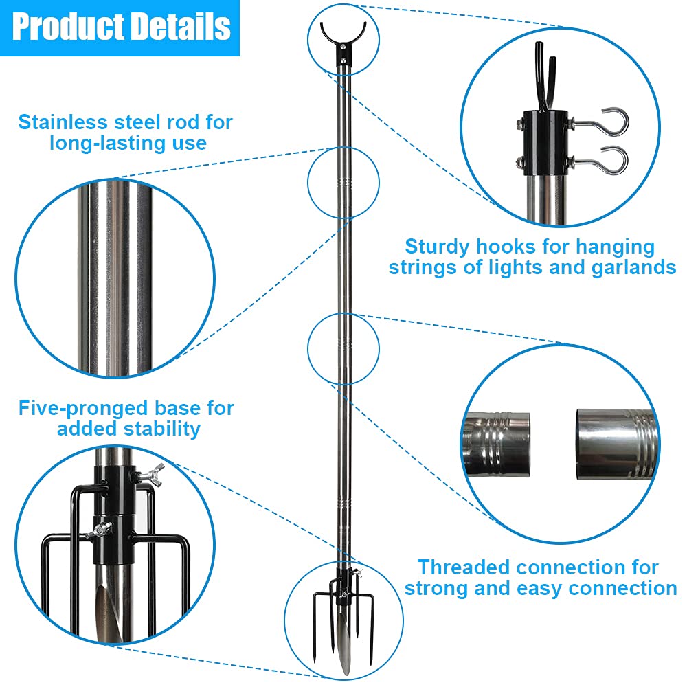 COCONUT Outdoor Light Poles for Lightweight String Lights, 9 FT Stainless Steel Rust-Free Stand Holder LED Solar Hanging Bulbs for Patio, Backyard, Garden (Silver)