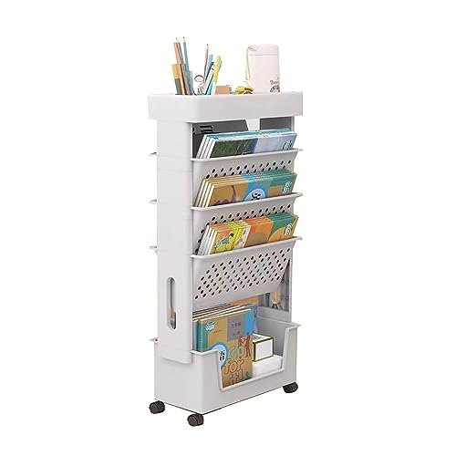 Movable Bookshelf, Compact Desk Storage Organizer with Caster Wheels, Slim Storage Trolley for Books,Corner Display Rack for Dorm Library,Multi-Purpose Rolling Cart,5-Tier (White)