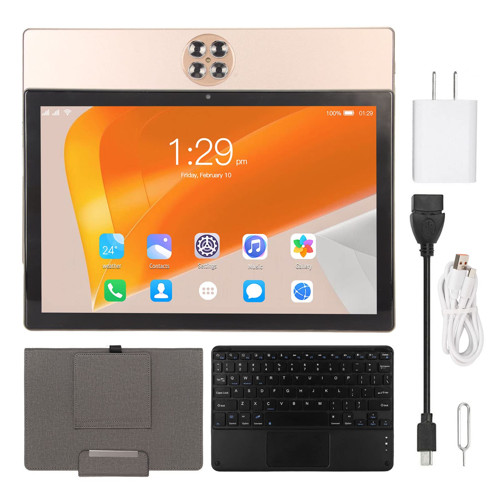 DAUZ 2 in 1 Portable Tablet, 5G WiFi 10.1 Inch Tablet Octa Core CPU 100‑240V Gold for Android 12 for Travel (US Plug)