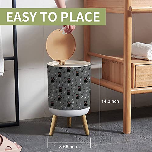 IBPNKFAZ89 Bathroom Trash Can with Lid Seamless with a Black Singing cat Surrounded by Notes on a Gray Small Garbage Bin Wood Waste Bin Press Cover Round Wastebasket for Bedroom Office Kitchen