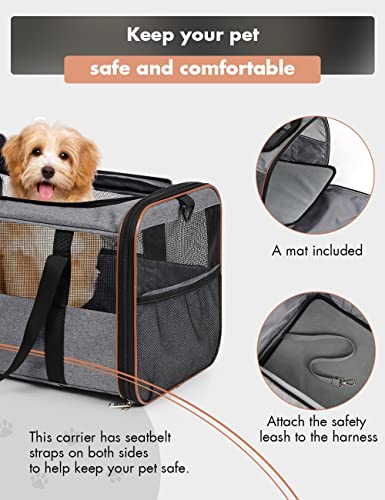 Lekereise Cat Dog Carrier with Wheels Airline Approved Rolling Pet Carrier with 1 Bowl, Grey