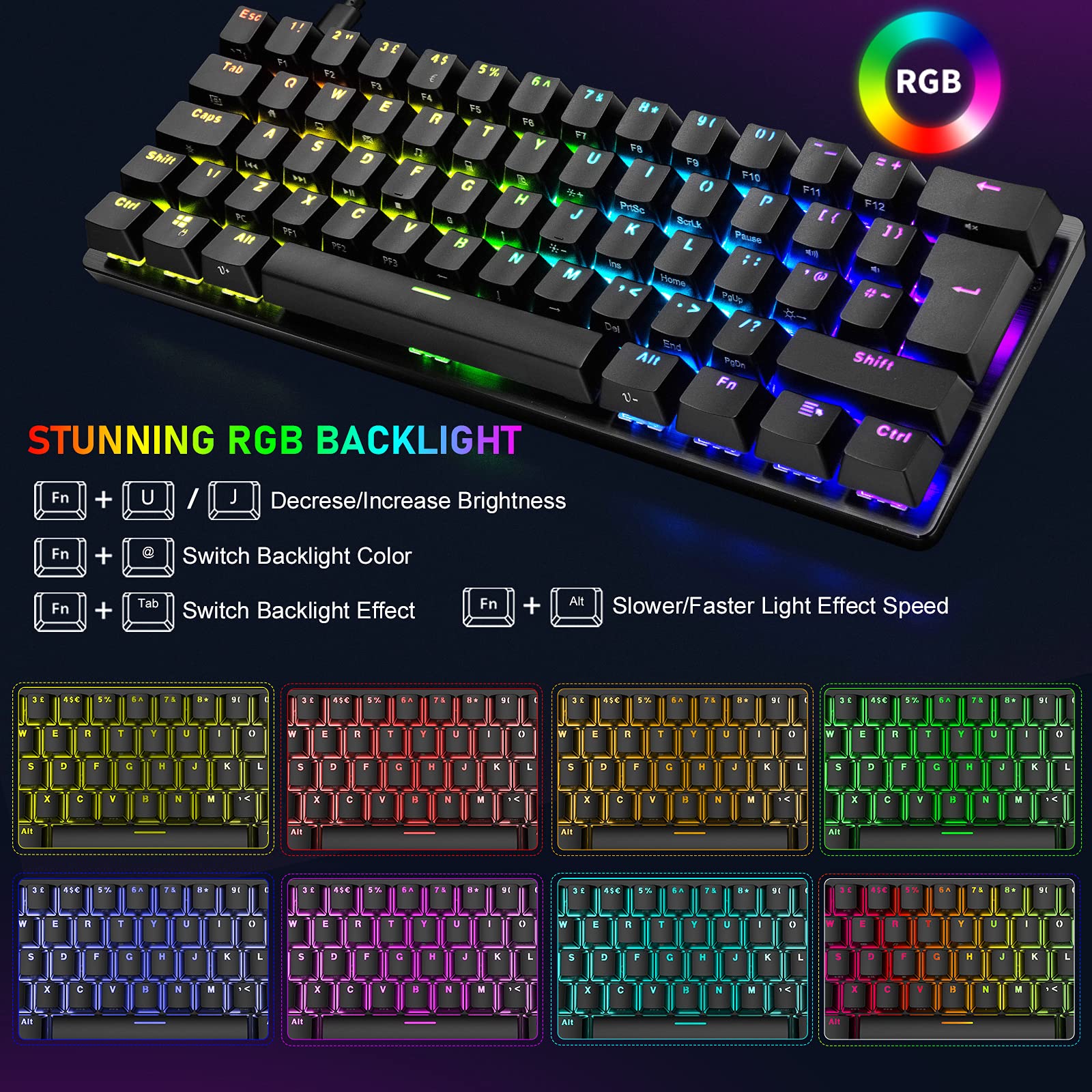 Compact 60% Mechanical Gaming Keyboard with Ergonomic Anti-ghosting Mini 61 Key Layout Rainbow RGB Backlight Waterproof Metal Plate Type-C USB Wired for PC Mac Gamer Office Typist (Black/Brown Switch)
