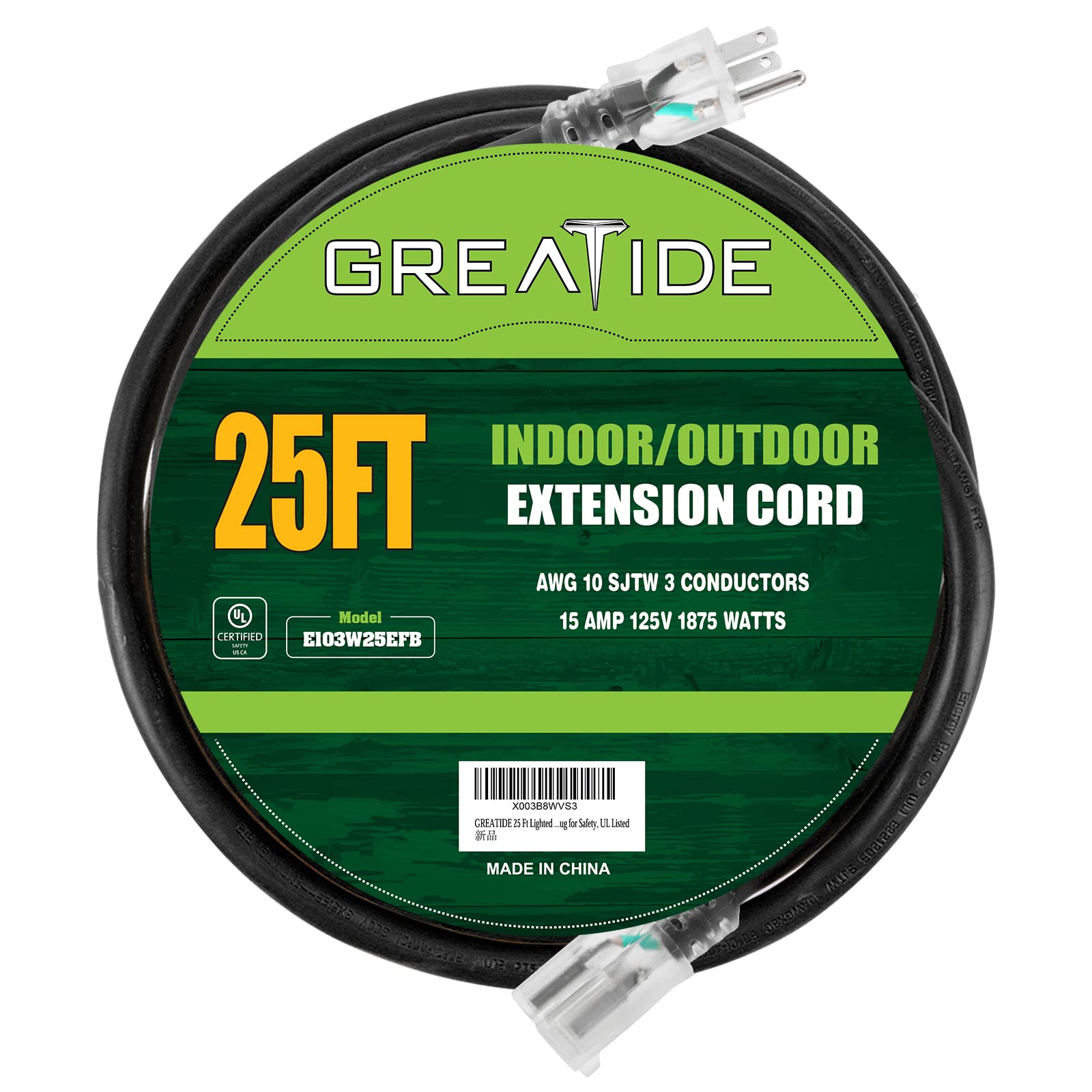 GREATIDE 25 Ft Lighted Outdoor Extension Cord - 10/3 SJTW Heavy Duty Black Extension Cable with 3 Prong Grounded Plug for Safety, UL Listed