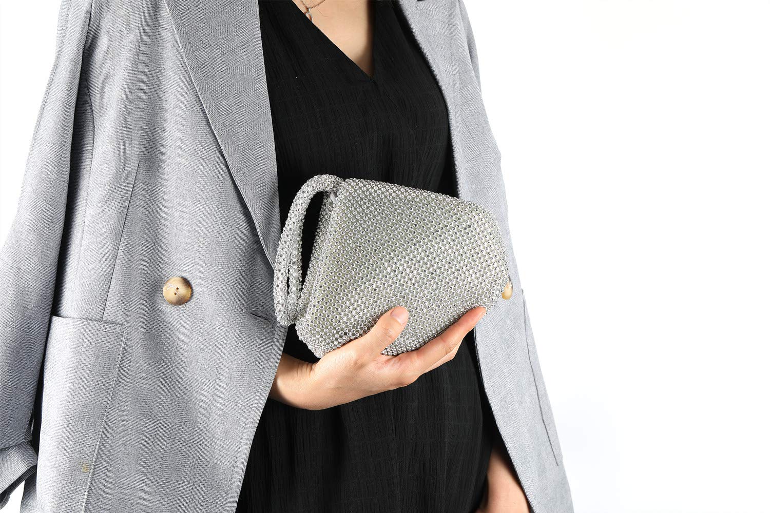 Vgift Rhinestone Purse, Women Sparkle Bling Wristlet Clutch Evening Bag for Prom Party Night Out, Silver