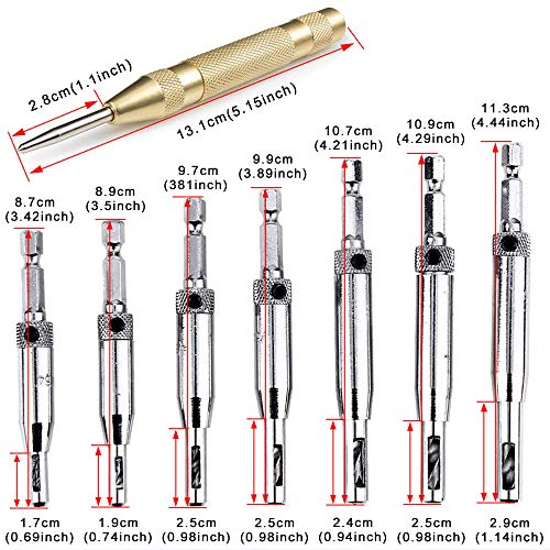 HIFROM Door Drill Bit Set with Automatic Center Punch,Doors Self Centering Hinge Tapper Core Drill Bit Set,Hole Puncher Woodworking Tools 5/64" 7/64" 9/64" 11/64" 13/64" 5mm 1/4"