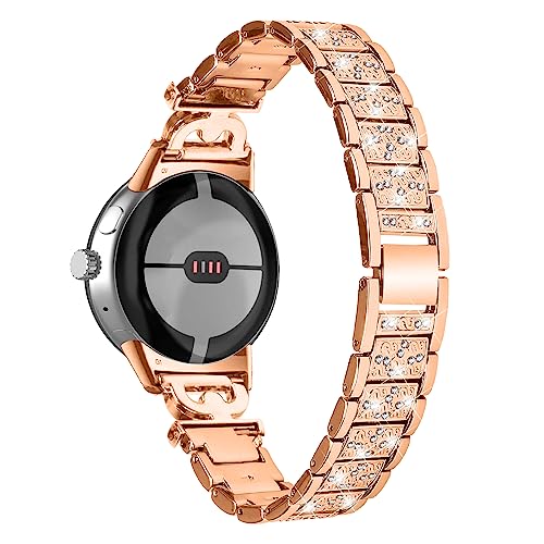 MVRYCE Compatible With Google Pixel 2022 WatchBand, Stainless Steel Watchband Bling Rhinestone Replacement Bracelet Adjustable Bands for Google Pixel SmartWatch 2022 Released (Rose Gold)