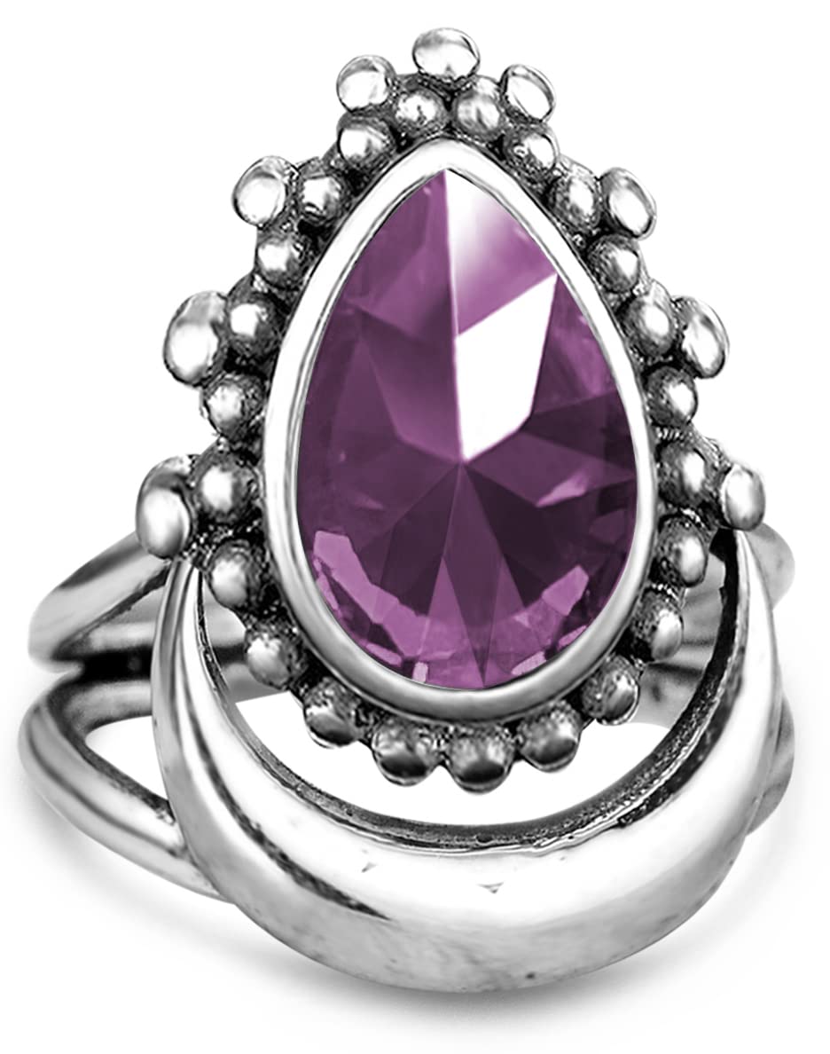 DALEGEM Purple Cubic Zirconia Crystal Crescent Moon Ring for Women,S925 Sterling Silver Waterdrop Ring (Ring_Purple, 10)