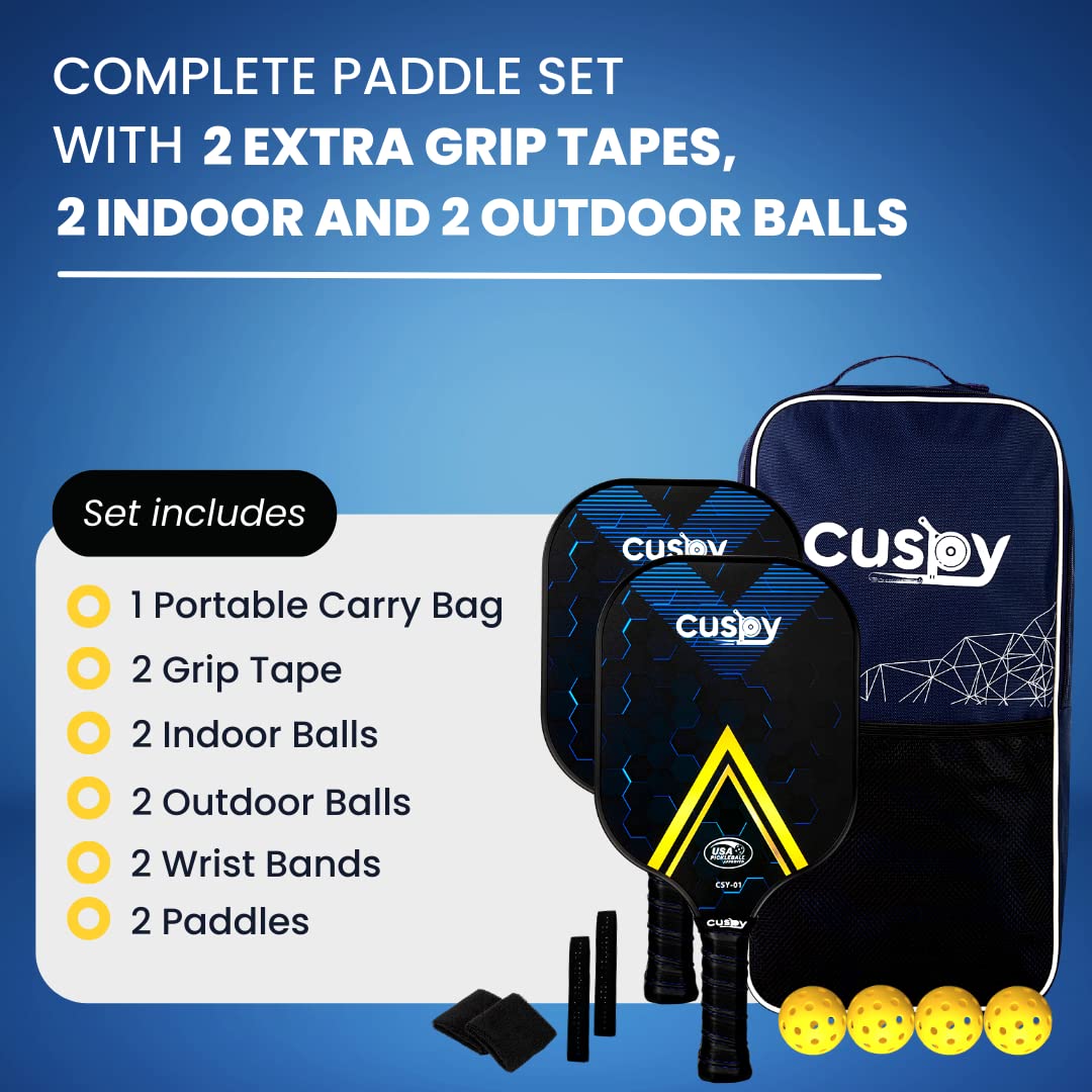 Cuspy USAPA Pickleball Paddles Set of 2 – includes 2 Pickleball Paddles with sturdy Graphite Surface and trendy Dark Blue color, 4 Balls, 2 Extra Grip Tapes, 2 Wristbands, and a durable Pickleball Bag