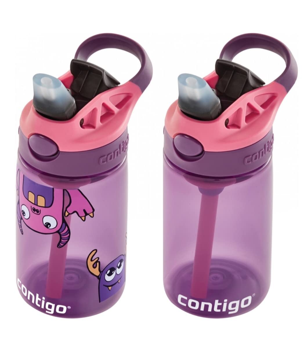 Contigo Kids Water Bottle with designed AUTOSPOUT Straw, 14 oz., Monsters Eggplant, 2-Pack