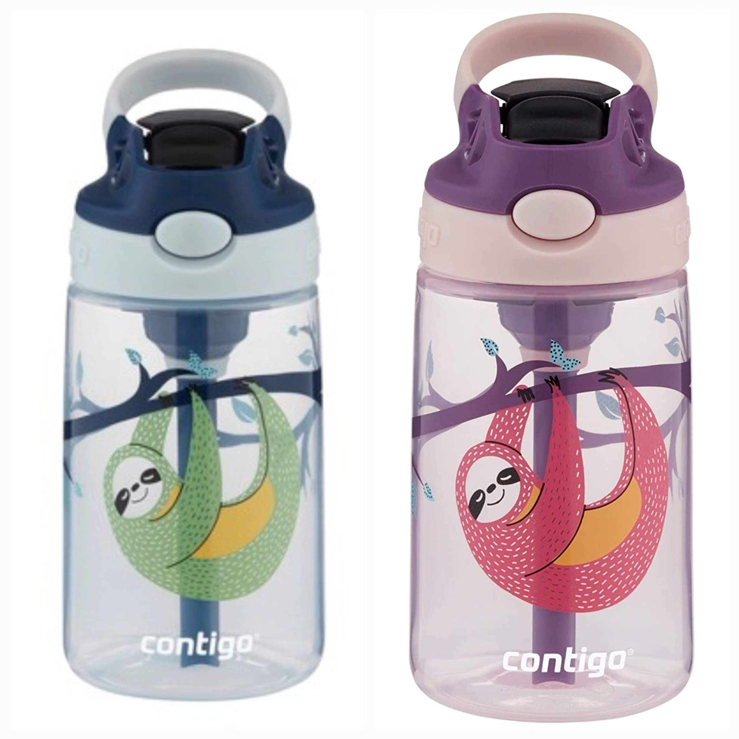 Contigo Kids Water Bottle, 14 oz with Autospout Technology β Spill Proof, Easy-Clean Lid Design β Ages 3 Plus, Top Rack Dishwasher Safe,2-PK Purple-Pink Sloth- Blue-Green Sloth