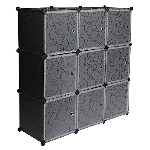 VINGLI Cube Storage, 9 Cube Organizer Shelves, Plastic Closet Cabinet, DIY Modular Storage Cube Organizer with Doors for Bedroom Living Room Office, Black