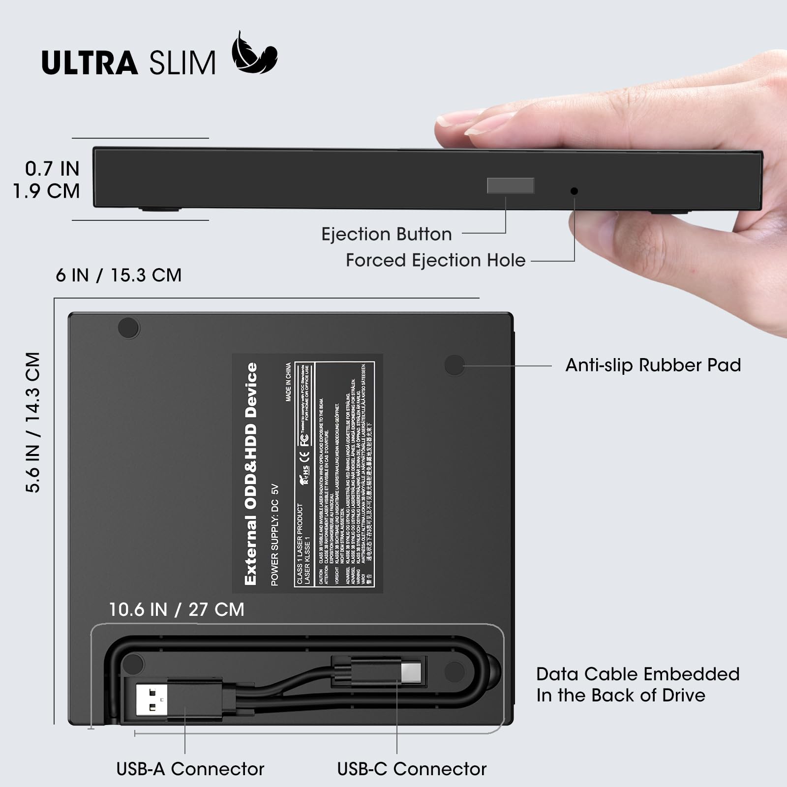 ROOFULL External CD DVD Drive, USB 3.0 & USB-C CD/DVD Burner Player with 4*USB Ports and 2*SD/TF Card Reader, Portable CD/DVD-ROM +/-RW Disk Drive Adapter for Laptop PC Mac Windows 11/10/8/7 Linux
