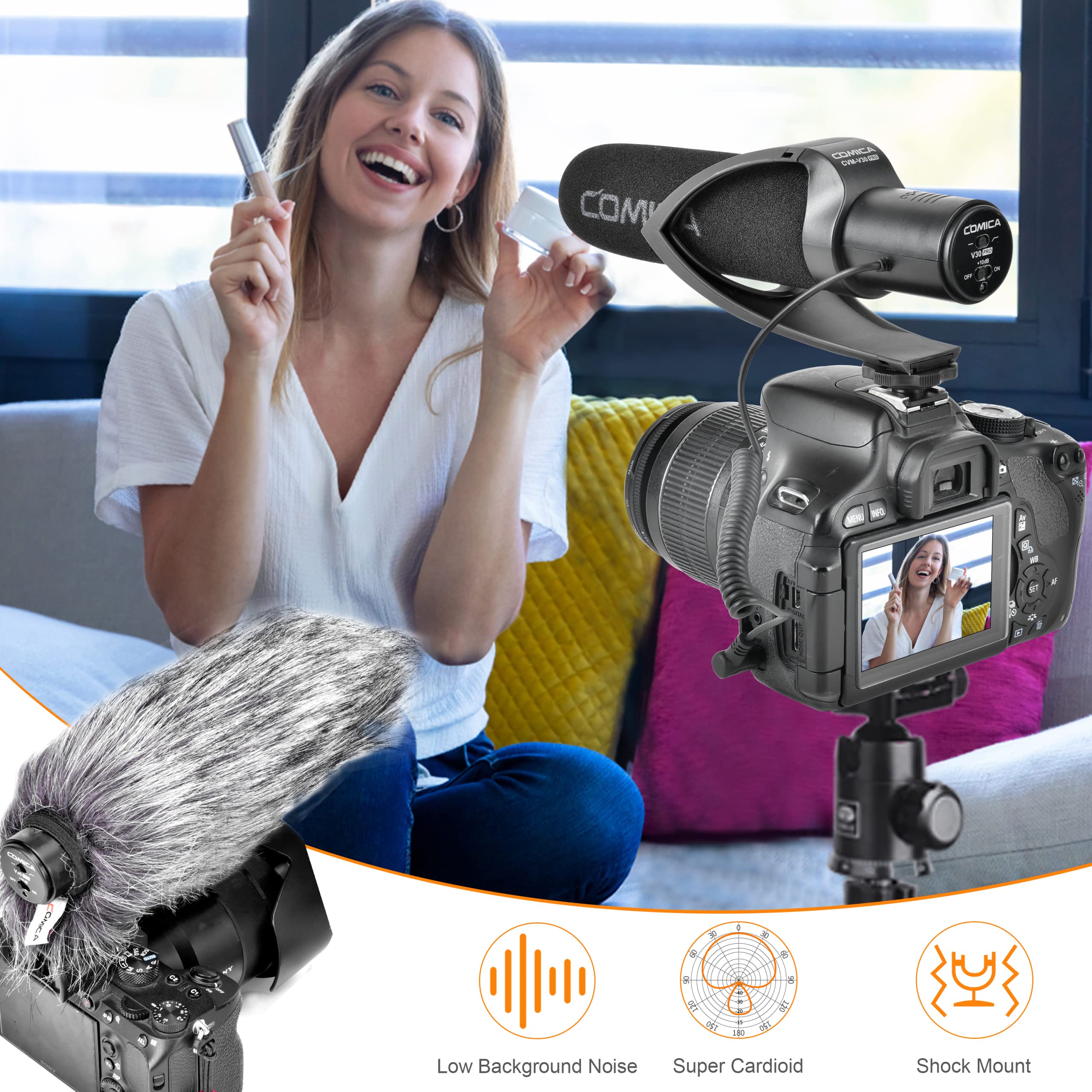 comica CVM-V30 PRO Camera Microphone Electric Super-Cardioid Directional Condenser Shotgun Video Microphone for Canon Nikon Sony Panasonic DSLR Camera with 3.5mm Jack (Black)