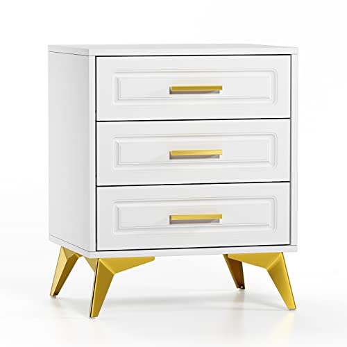 Giluta 3 Drawers Nightstand, Modern Bedside Table with Solid Metal Legs & Handles, White Gold Wood Chest of Drawers, Sofa End Side Table for Bedroom Living Room Hallway, 15.75" D x 19.7" W x 24" H